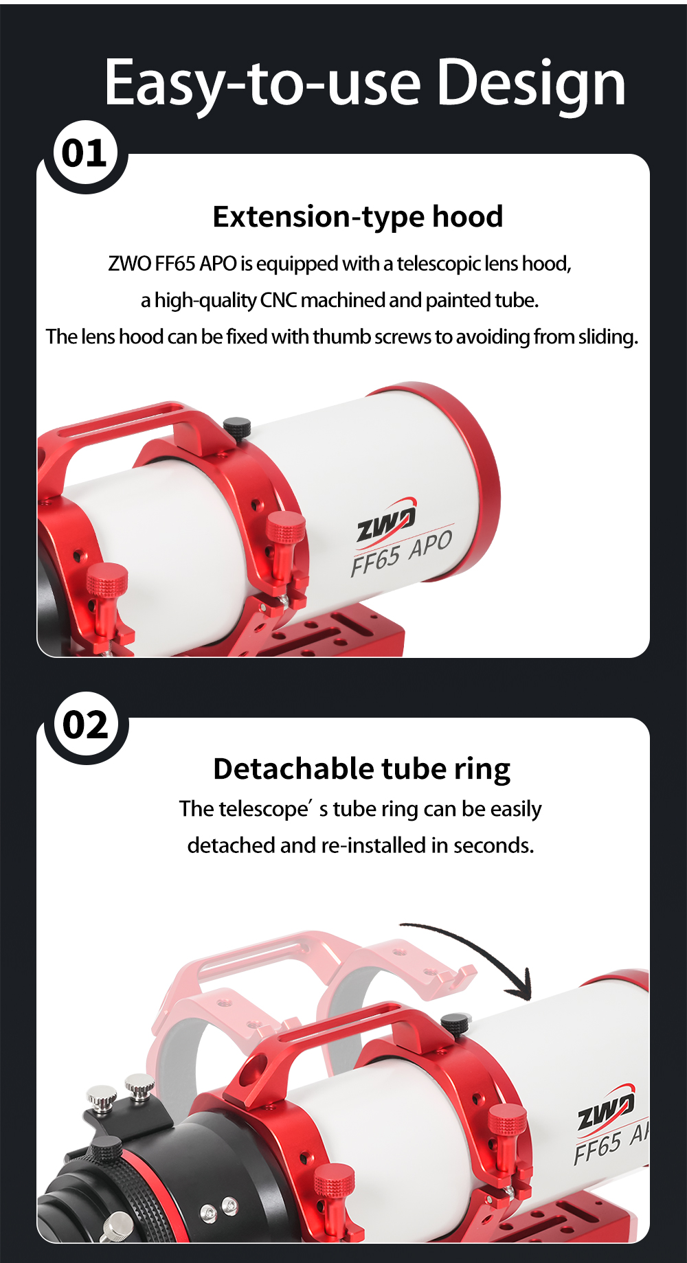 ZWO FF65 65mm Apochromatic Refractor Telescope - ZWO-FF65-APO